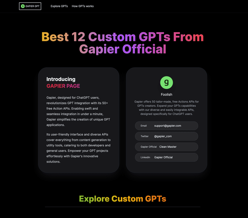 GPTs Page, Create a website for your GPTs - ChatGPT|GPTs|Custom GPT|Gapier